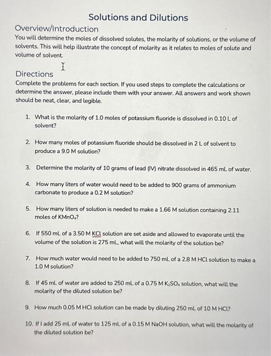 Solved Solutions and Dilutions Overview/Introduction You | Chegg.com