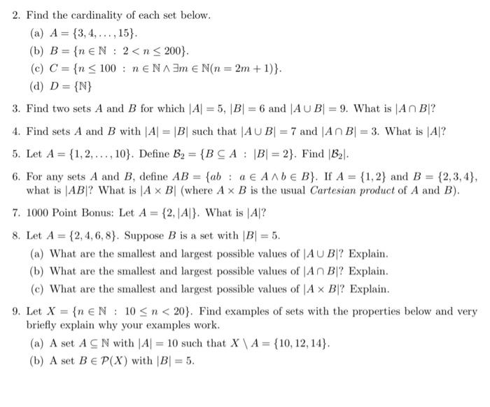 Solved 2. Find the cardinality of each set below. (a) A = | Chegg.com