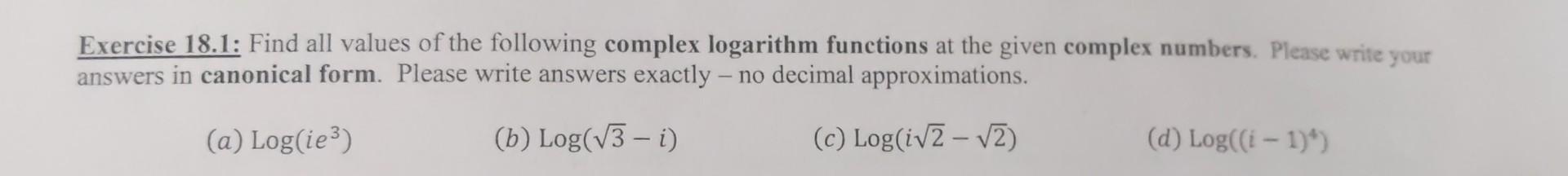 Solved Exercise 18.1: Find all values of the following | Chegg.com