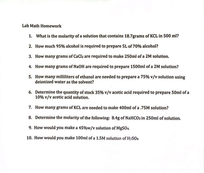 Solved Lab Math Homework 1. What is the molarity of a | Chegg.com