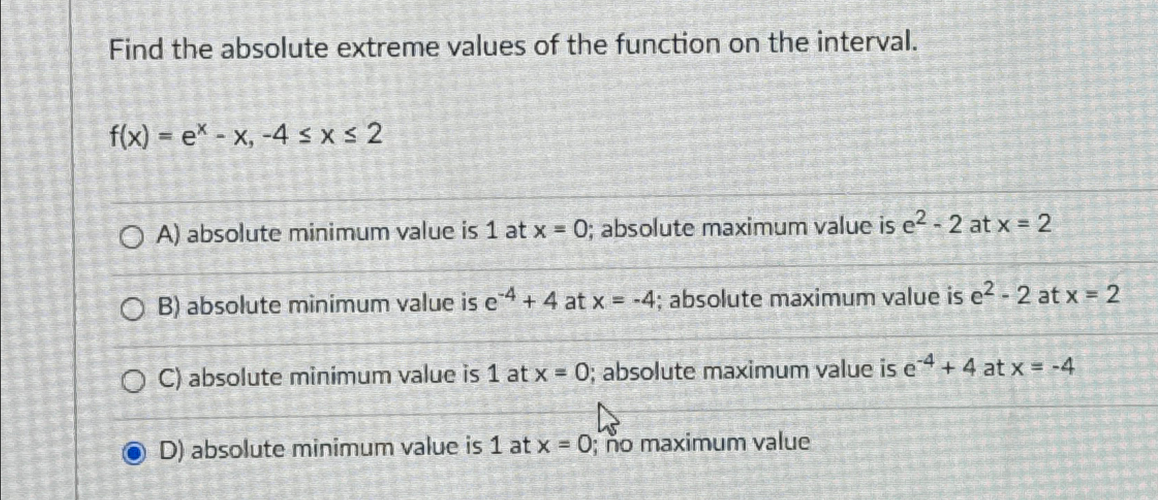 Solved Find the absolute extreme values of the function on | Chegg.com