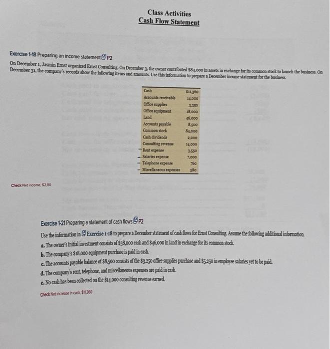 Solved Class Activities Cash Flow Statement Exercise 1-18 | Chegg.com