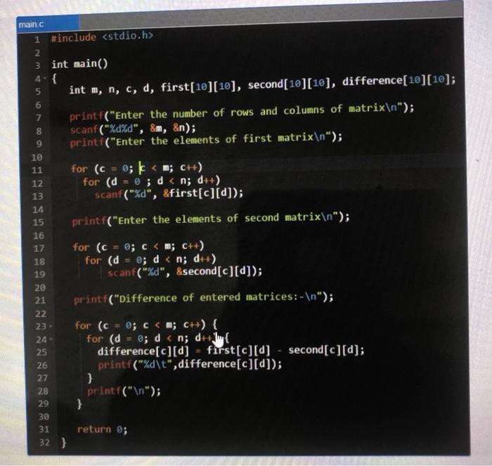 Solved The following program subtracts the elements of the | Chegg.com