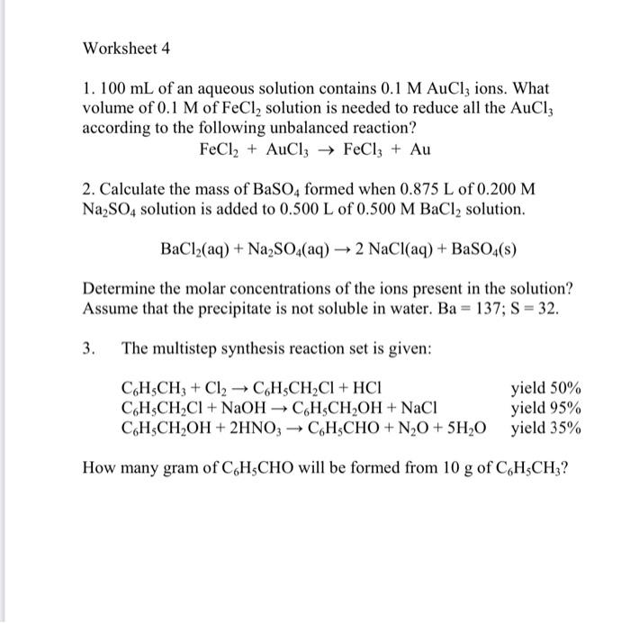 Solved Worksheet 4 1.100 mL of an aqueous solution contains | Chegg.com