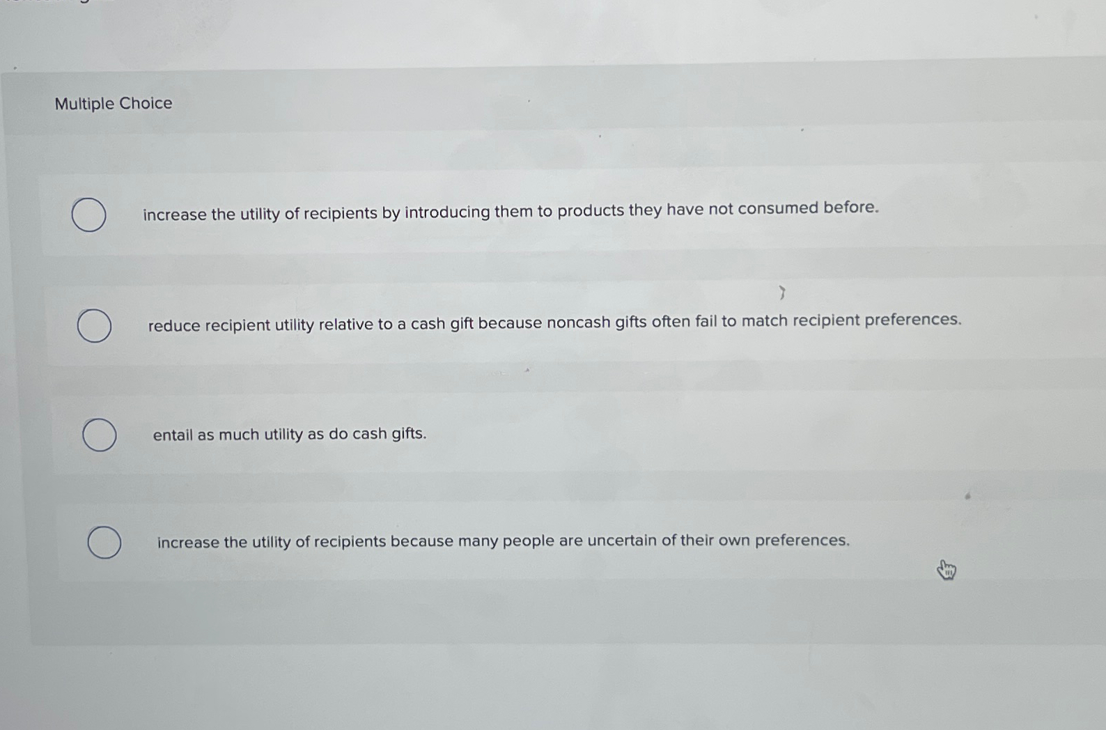 Solved Multiple Choiceincrease the utility of recipients by | Chegg.com