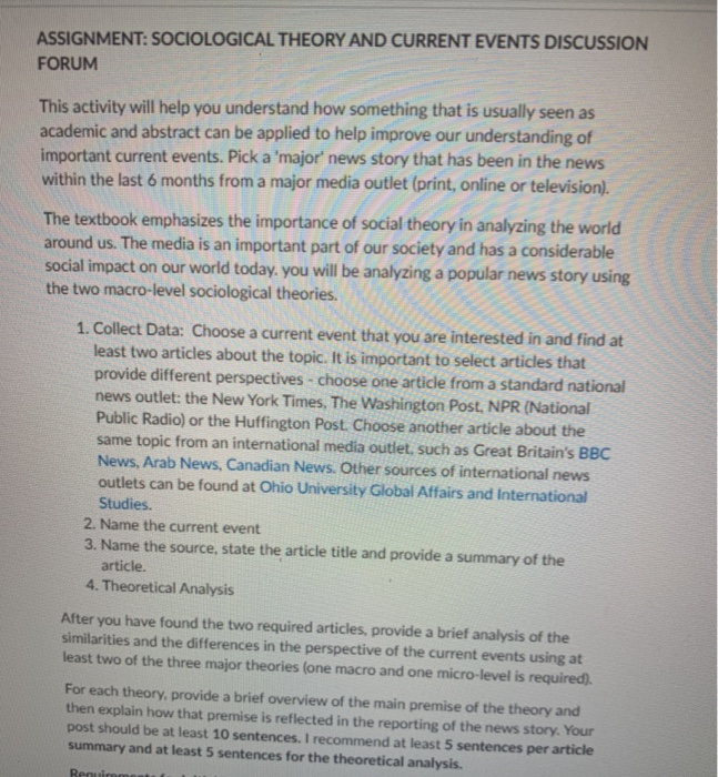 ASSIGNMENT: SOCIOLOGICAL THEORY AND CURRENT EVENTS | Chegg.com