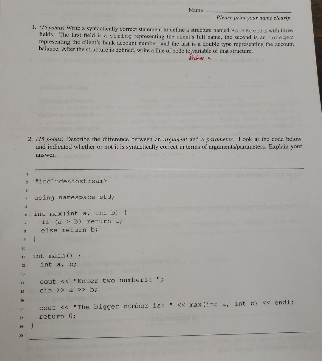 Solved Name: Please print your name clearly. 1. (15 points) | Chegg.com