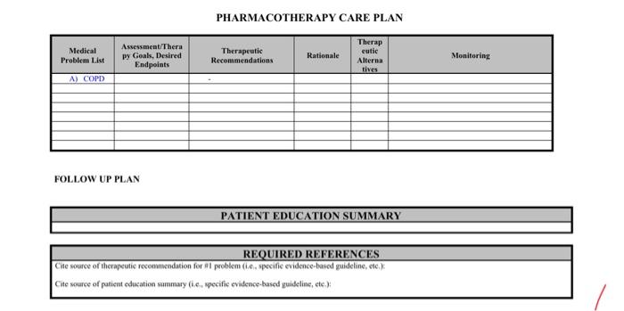 Solved PHARMACOTHERAPY CARE PLAN FOLLOW UP PLAN | Chegg.com
