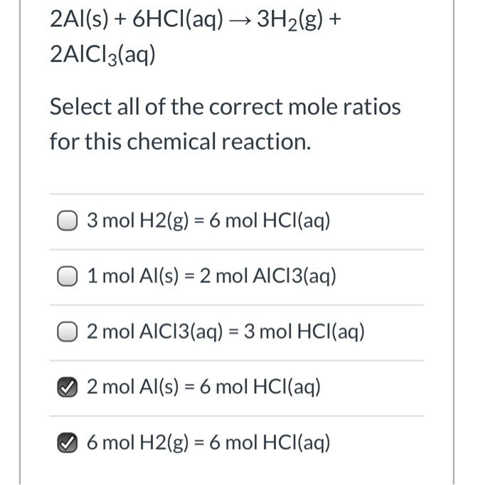 Solved 2Al(s) + 6HCl(aq) + 3H2(g) + 2A1C13(aq) Select all of | Chegg.com