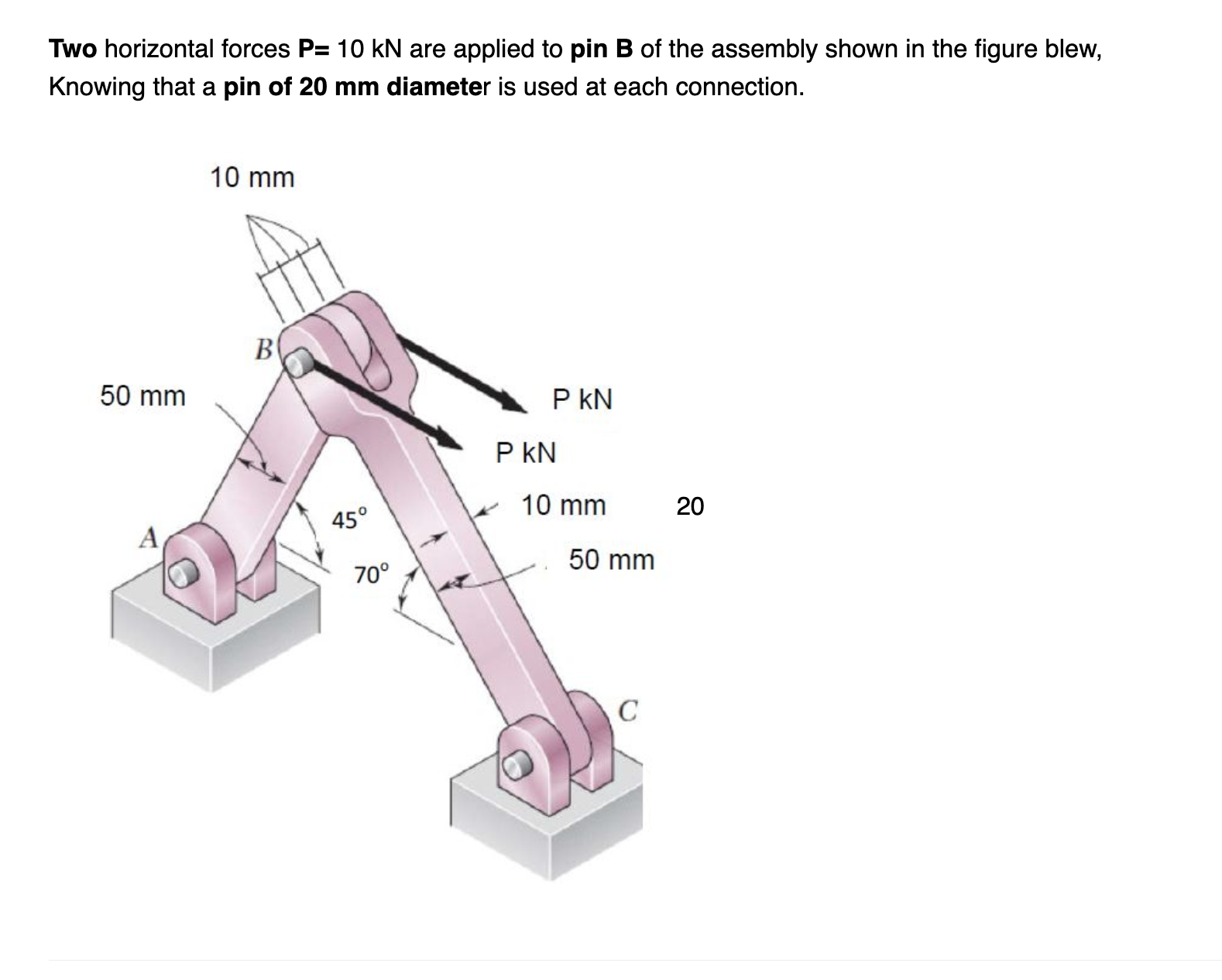 Solved Two horizontal forces P=10kN ﻿are applied to pin B | Chegg.com