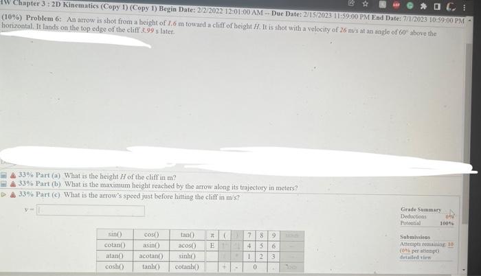 Solved 10\%) Problem 6: An arrow is shot from a height of | Chegg.com