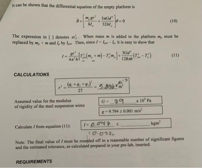 Solved B. TRIFILAR SUSPENSION METHOD 9₁ Obtain the following | Chegg.com