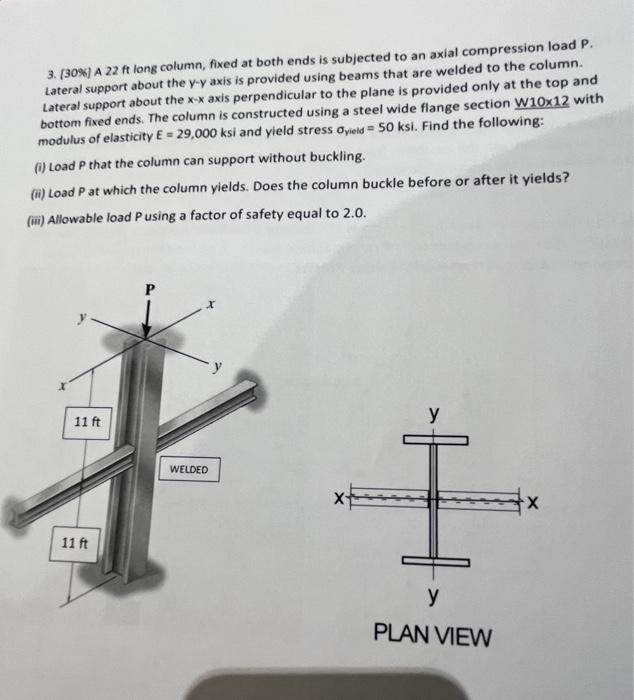 Solved 3. [30\%] A 22ft long column, fixed at both ends is | Chegg.com