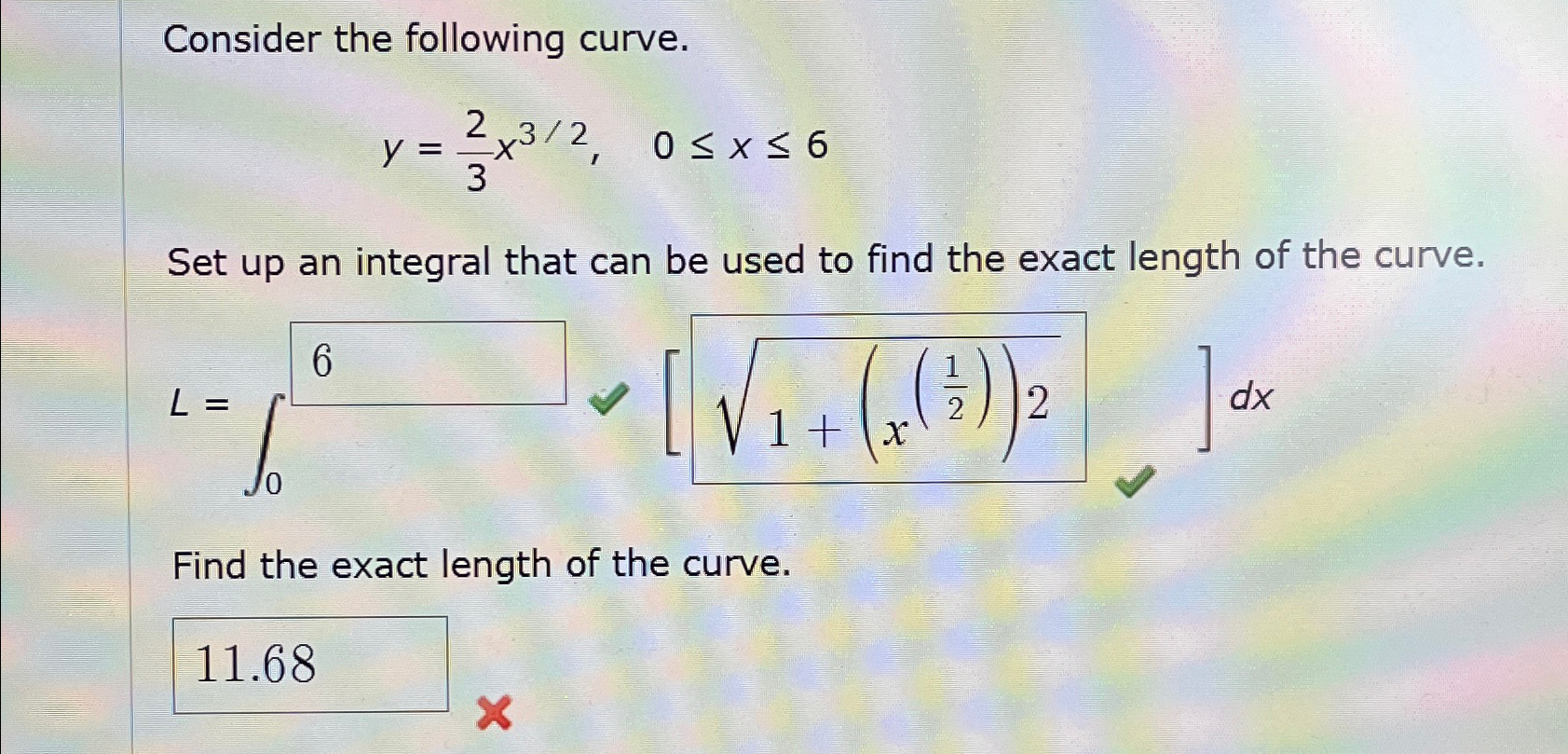 Solved Consider the following curve.y=23x32,0≤x≤6Set up an | Chegg.com