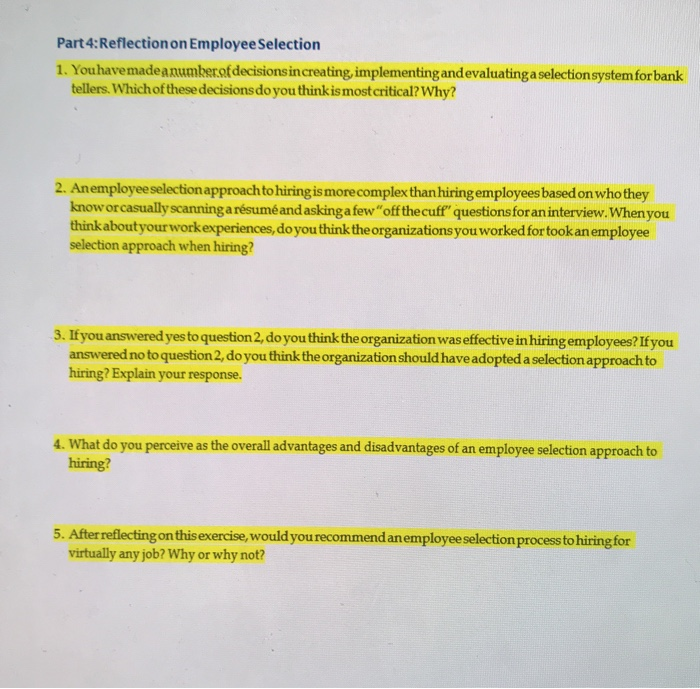 Employee Selection Exercise [A] Choose the selection | Chegg.com