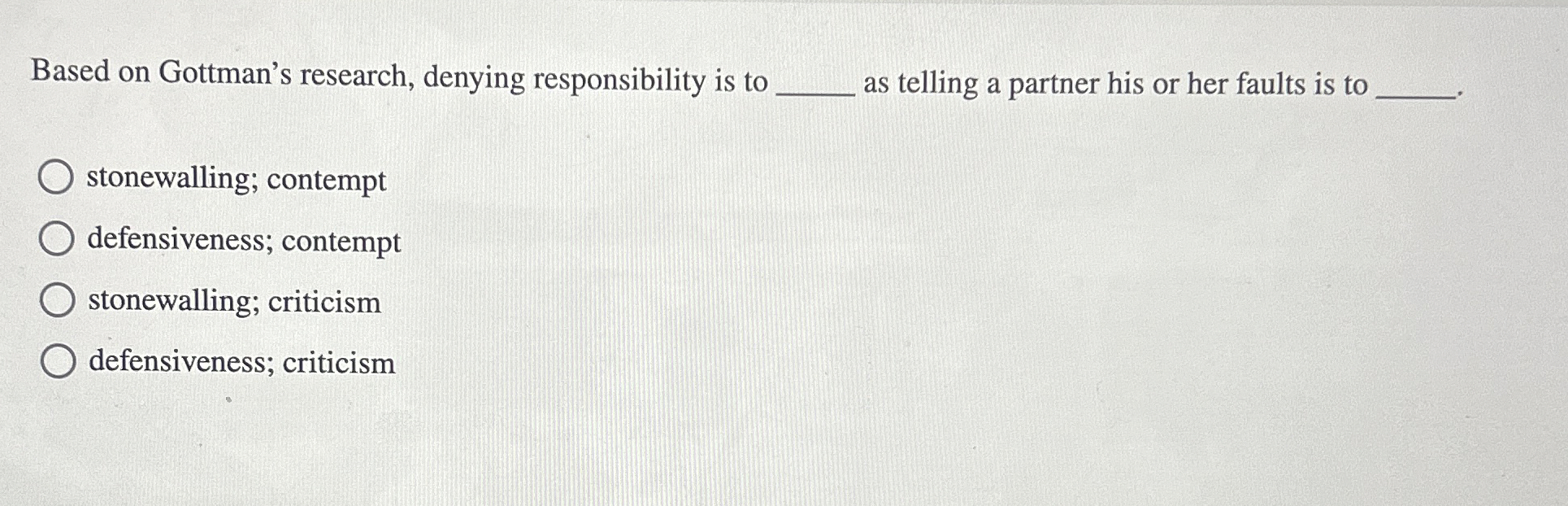 Solved Based on Gottman's research, denying responsibility | Chegg.com