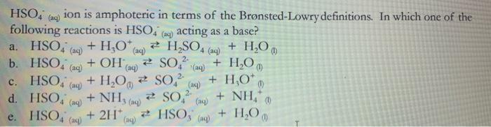Solved HSO4 (aq) ion is amphoteric in terms of the | Chegg.com