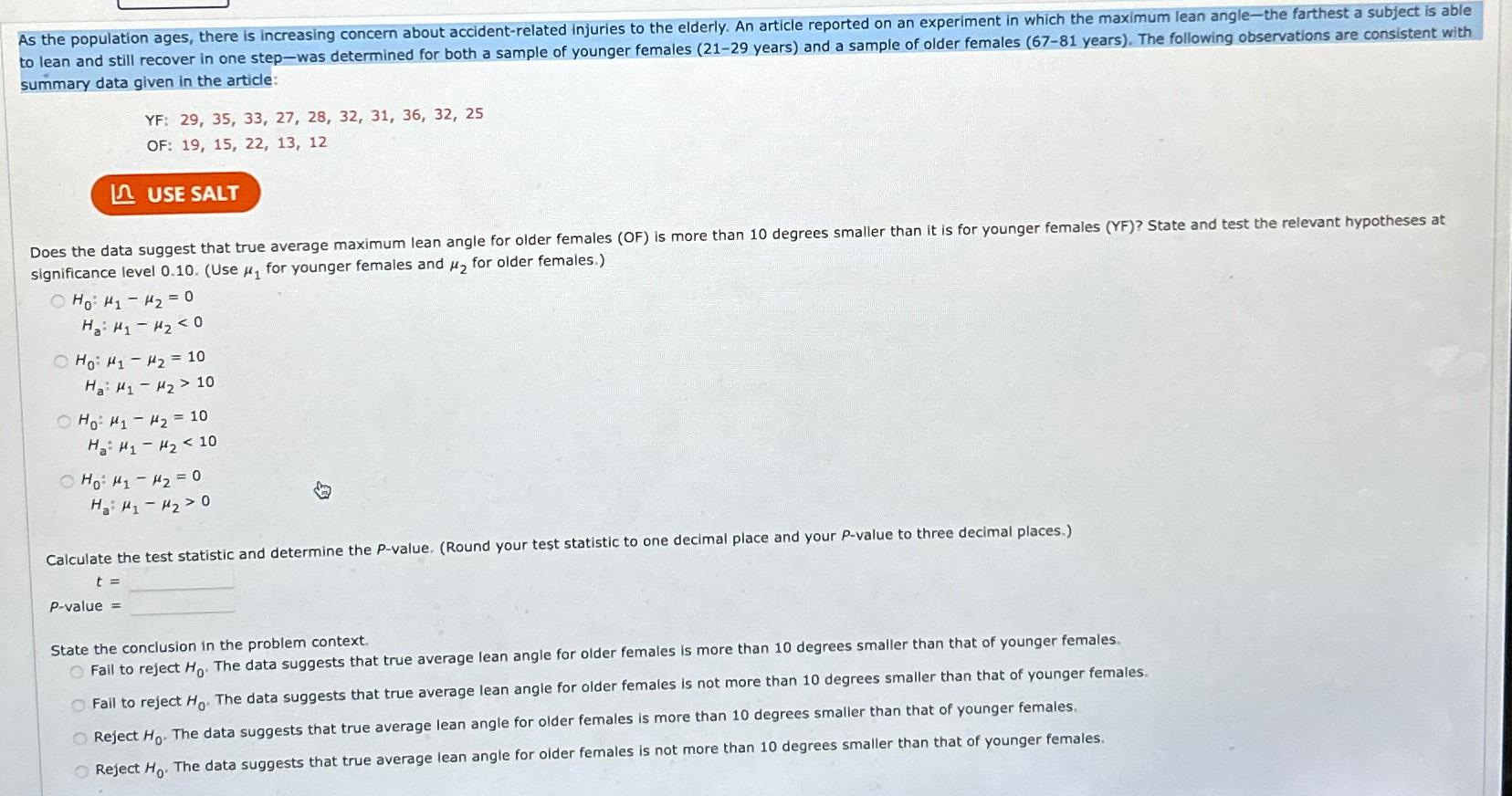 Solved summary data given in the article: ﻿YF: | Chegg.com