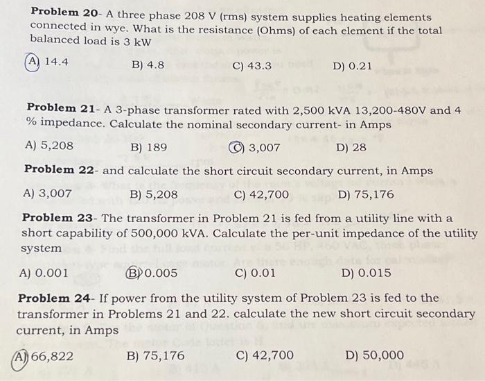 Solved Problem 20-A three phase 208 V (rms) system supplies | Chegg.com