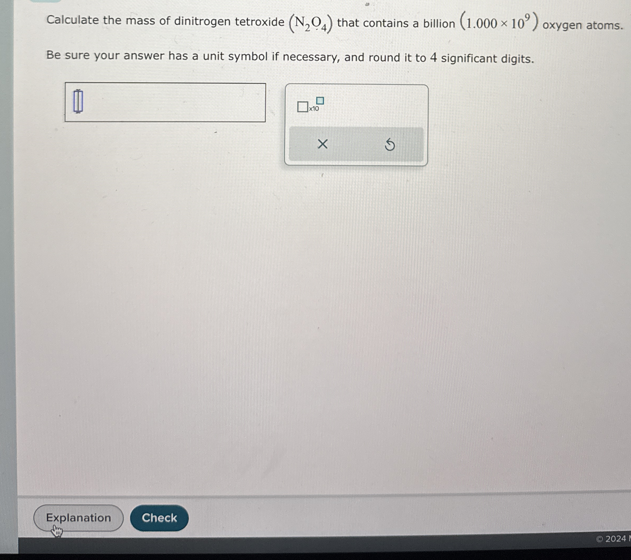 Solved Calculate the mass of dinitrogen tetroxide (N2O4) | Chegg.com