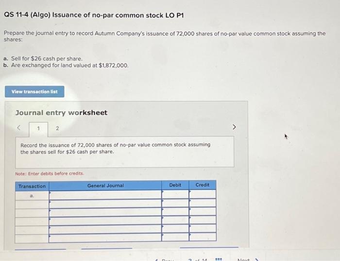 Solved QS 11-4 (Algo) Issuance of no-par common stock LO P1 | Chegg.com