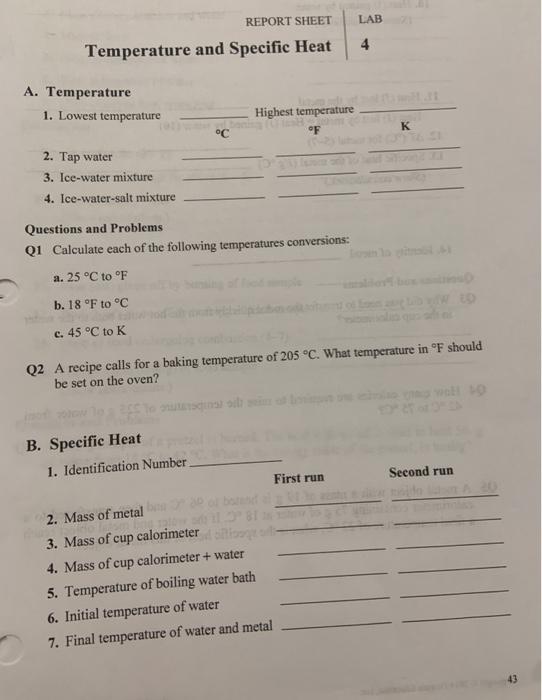 REPORT SHEET LAB 4 Temperature and Specific Heat A. | Chegg.com