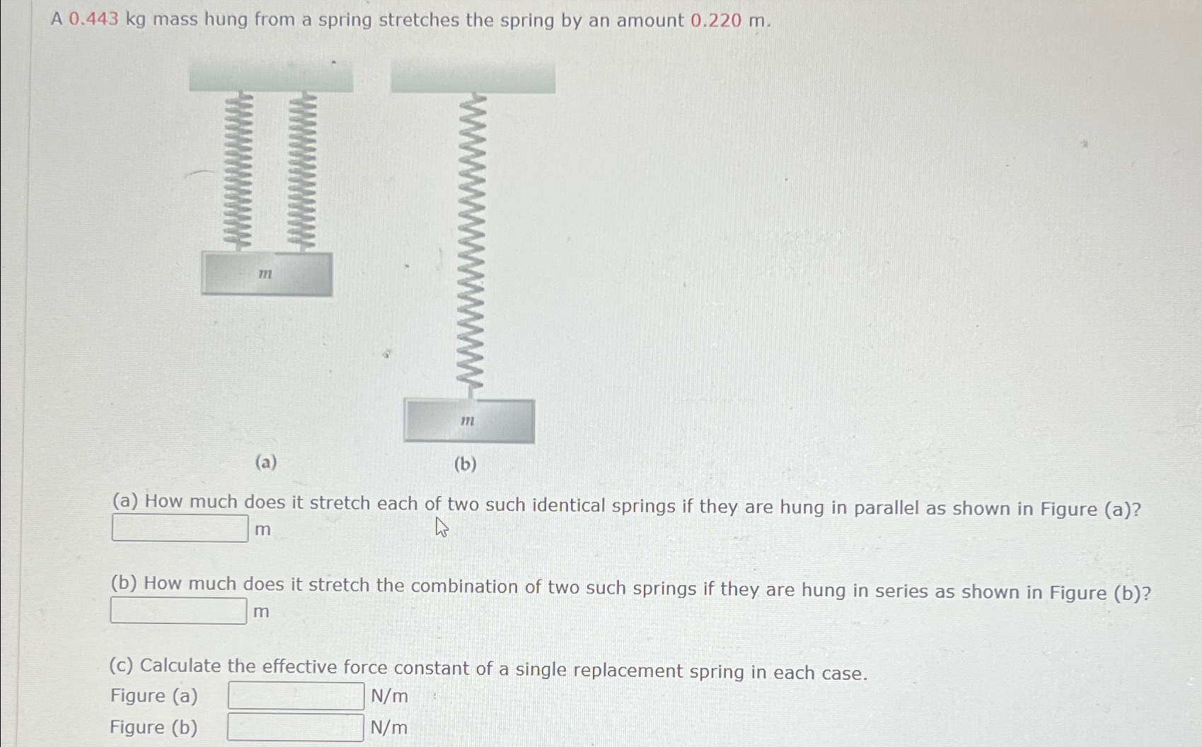 Solved A 0.443kg ﻿mass hung from a spring stretches the | Chegg.com