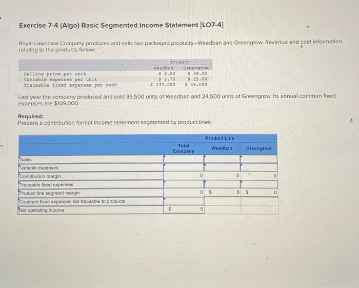 Solved Exercise 7-4 (Algo) Basic Segmented Income Statement | Chegg.com