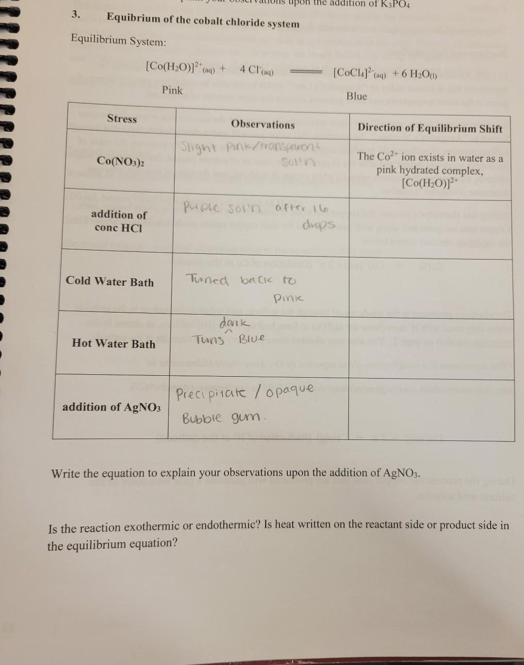 Solved 3. Equibrium of the cobalt chloride system | Chegg.com