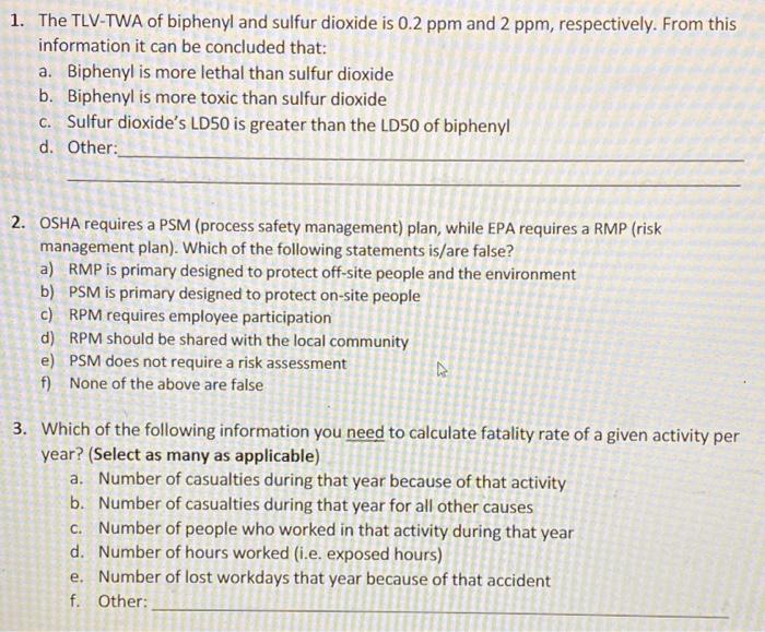Solved 1. The TLV-TWA of biphenyl and sulfur dioxide is | Chegg.com