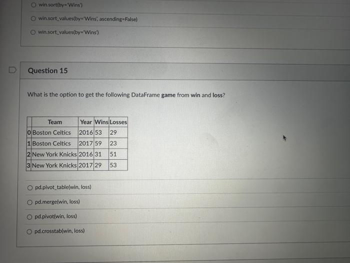 Solved Given two DataFrames win and loss, answer question 13 | Chegg.com