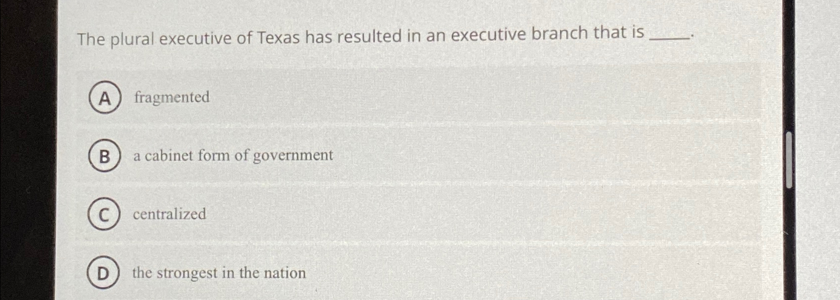 Solved The plural executive of Texas has resulted in an | Chegg.com