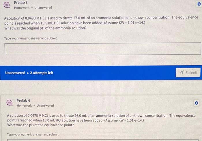 Solved Prelab 3 Homework Unanswered o A solution of 0.0490 M | Chegg.com