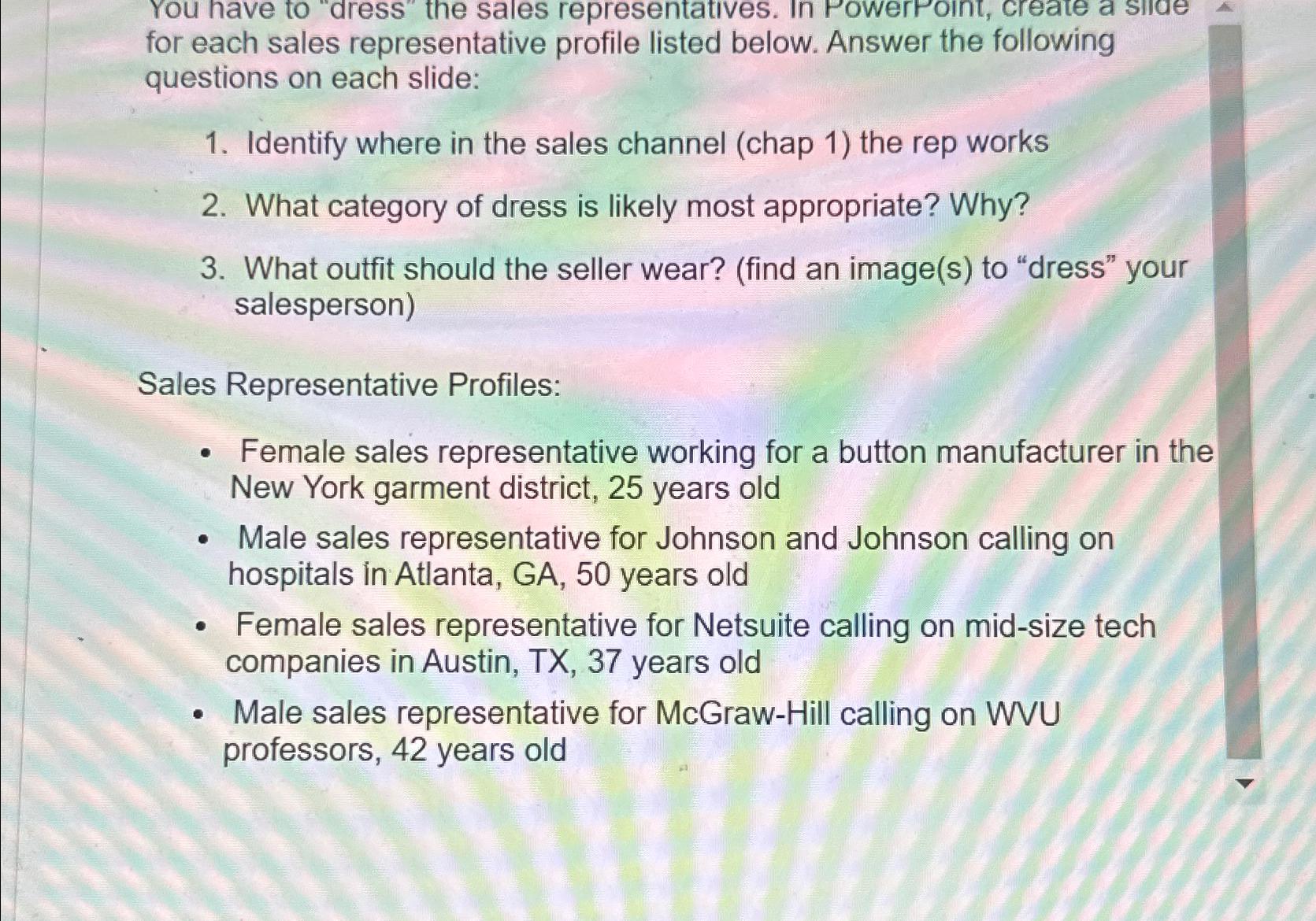 Solved for each sales representative profile listed below. | Chegg.com