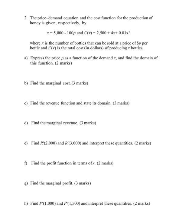 Solved 2. The price-demand equation and the cost function | Chegg.com