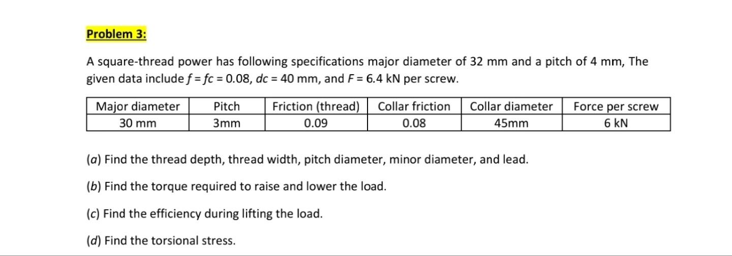Solved A square-thread power has following specifications | Chegg.com