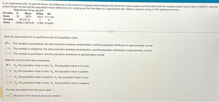 Solved In an experiment with 10 pairs of stores, the | Chegg.com