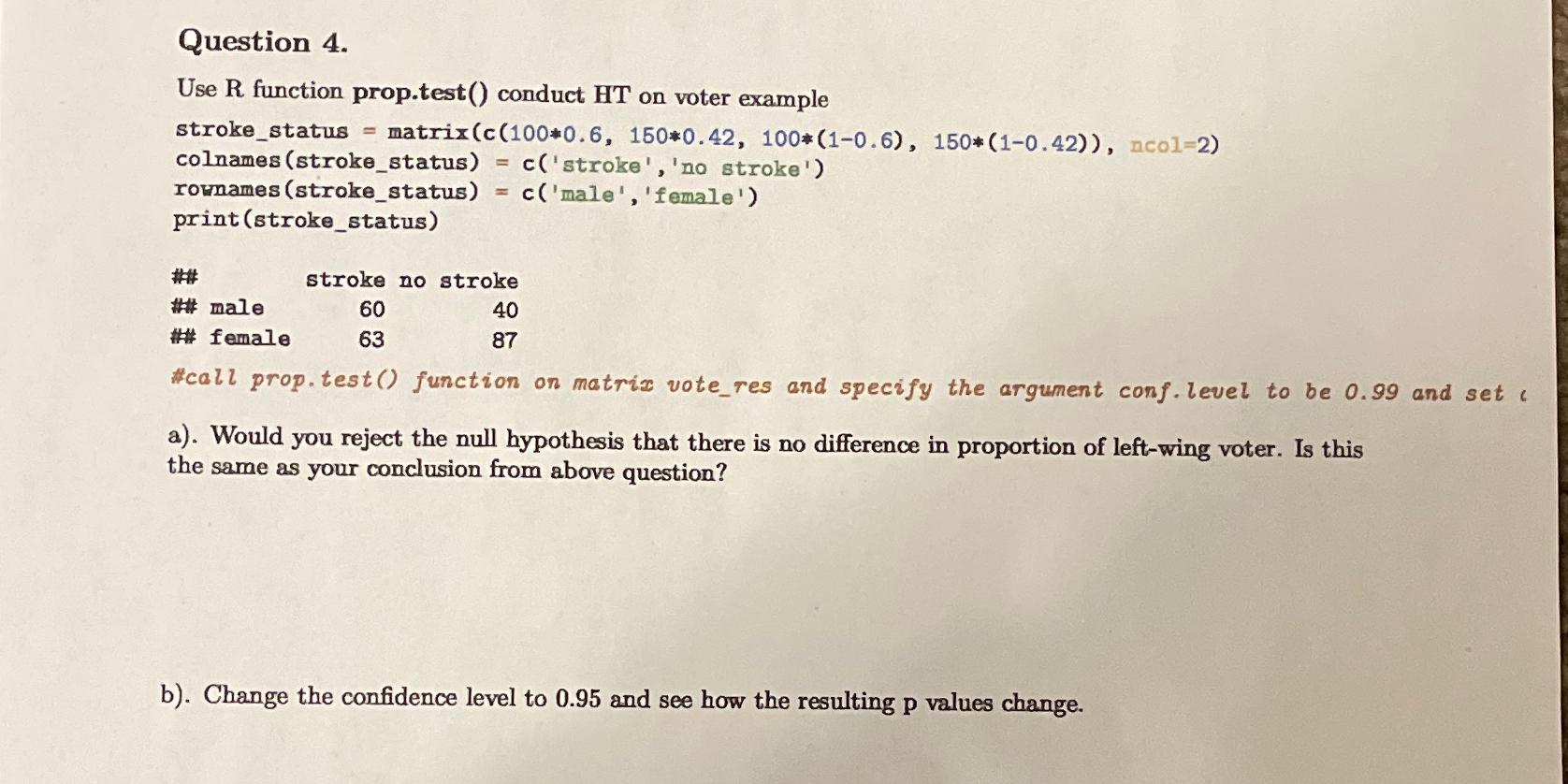 Solved Question 4.Use R function prop.test() ﻿conduct HT on | Chegg.com