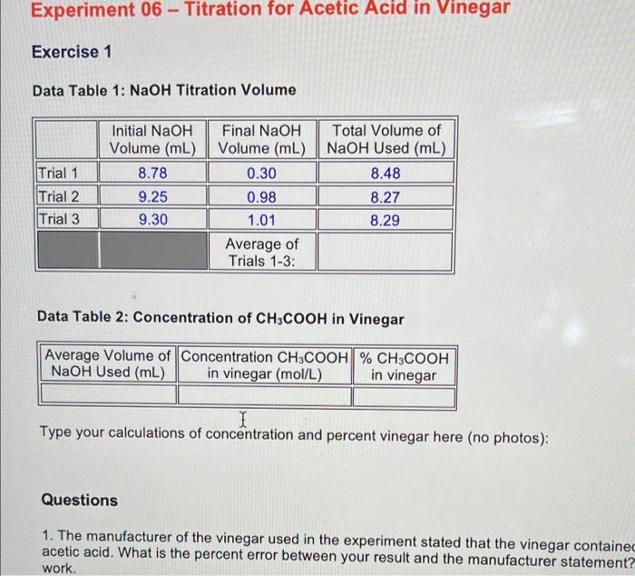 Solved Experiment 06-Titration for Acetic Acid in Vinegar | Chegg.com