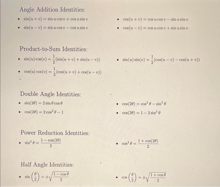 Solved . Angle Addition Identities: sin(u + v) = sin u cos + | Chegg.com