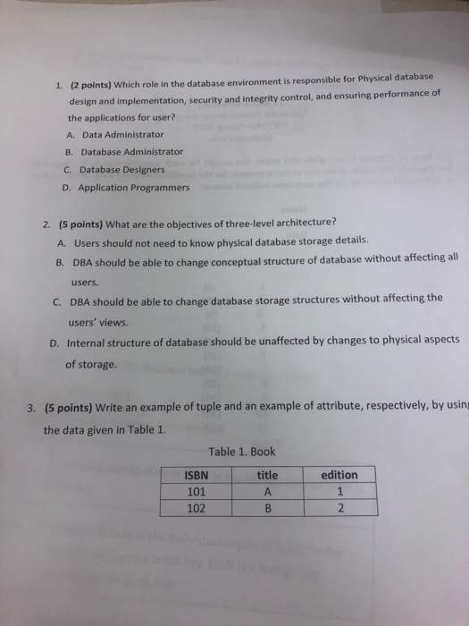 Solved 1. (2 points) Which role in the database environment | Chegg.com