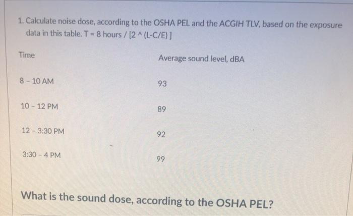 Solved 1. Calculate noise dose, according to the OSHA PEL | Chegg.com