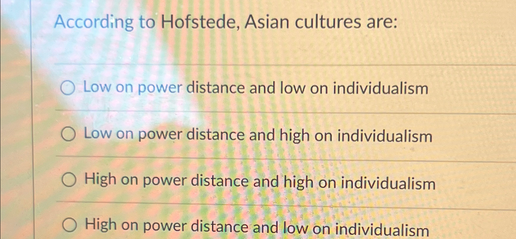 Solved According to Hofstede, Asian cultures are:Low on | Chegg.com
