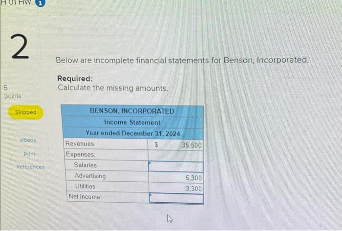Solved Below are incomplete financial statements for Benson, | Chegg.com