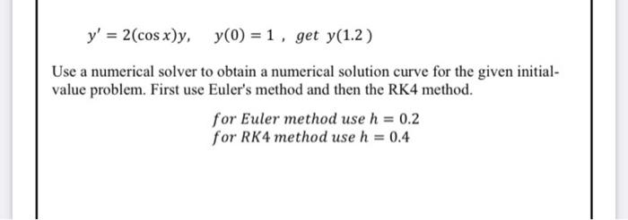 Solved y′=2(cosx)y,y(0)=1, get y(1.2) Use a numerical solver | Chegg.com