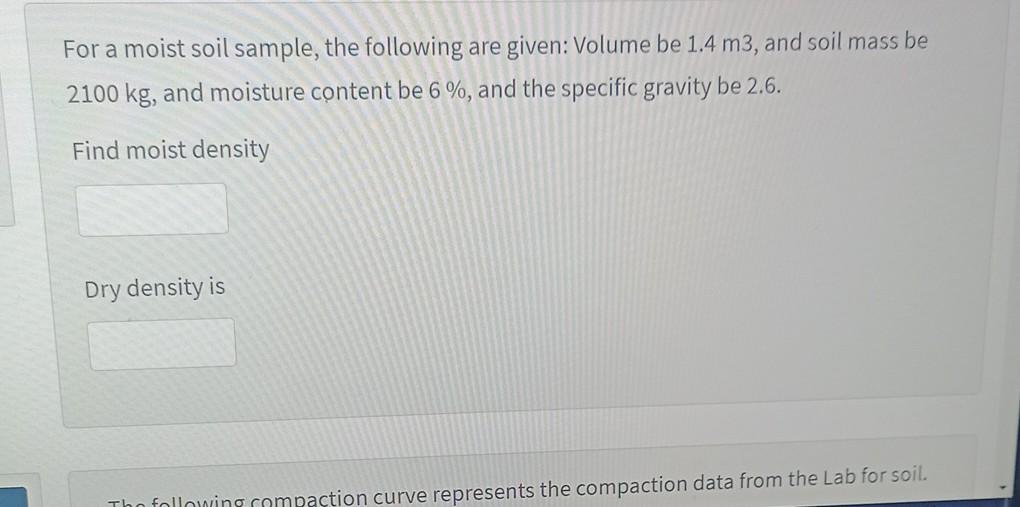 Solved For a moist soil sample, the following are given: | Chegg.com