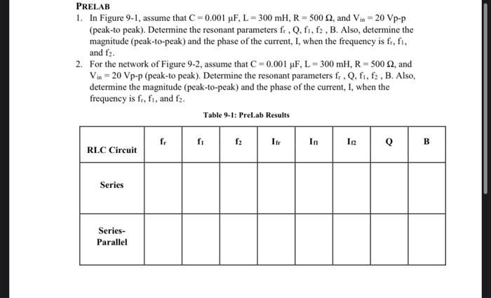 Solved PRELAB 1. In Figure 9-1, assume that C = 0.001 µF, L | Chegg.com