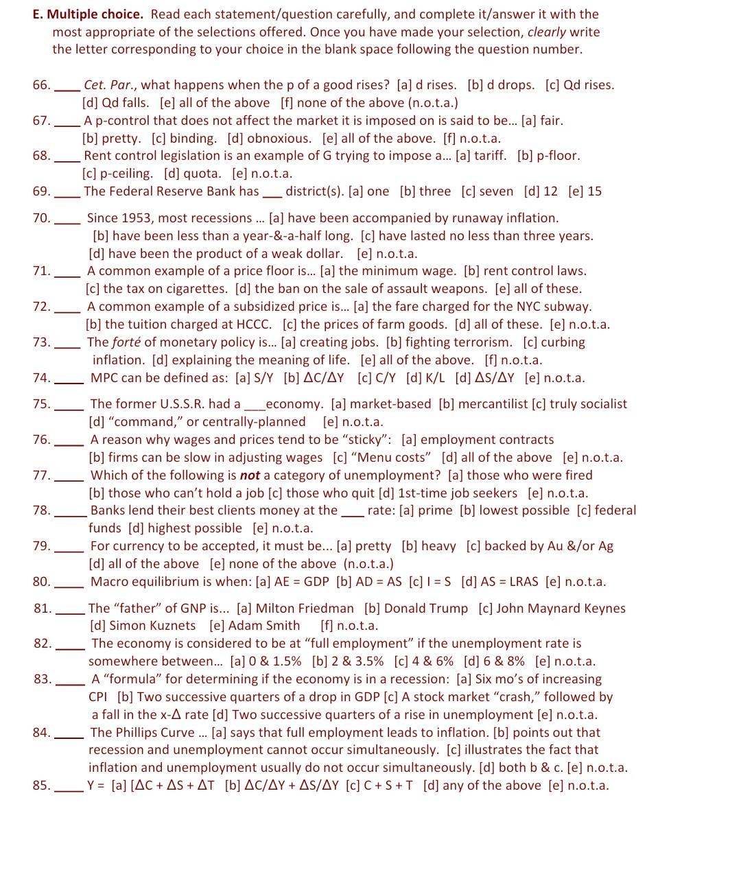 Solved E. Multiple choice. Read each statement/question | Chegg.com