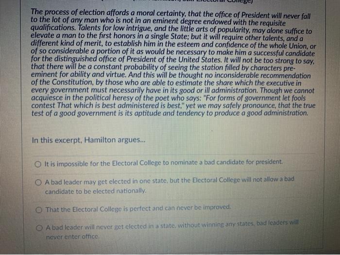 Federalist 68: Written by Alexander Hamilton the the | Chegg.com