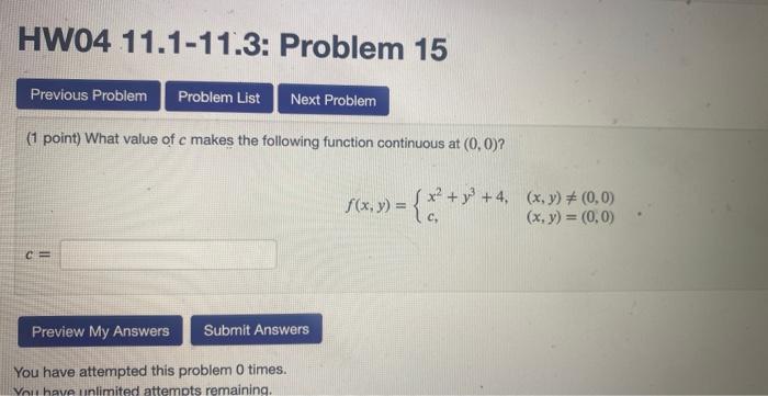 Solved (1 point) What value of c makes the following | Chegg.com